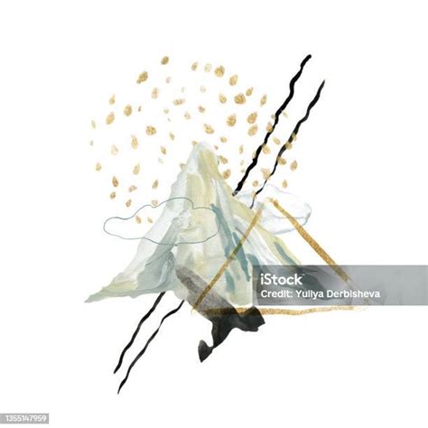 산과 구름의 수채화와 구아슈 추상풍경 손으로 칠한 미니멀 한 금 산 흰색 배경에 격리된 그림입니다 디자인 인쇄 직물 또는 배경용