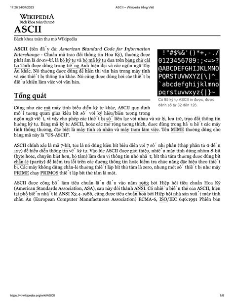 Ascii Wikipedia Tiếng Việt Có 95 Ký Tự Ascii In được được đánh Số Từ 32 đến 126 Ascii Bách