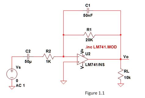 C2 R2 50 1k Vs 0 Ac 1 V C1 50nf R1 20k Inc Lm741 Mod U2 Vo Lm741