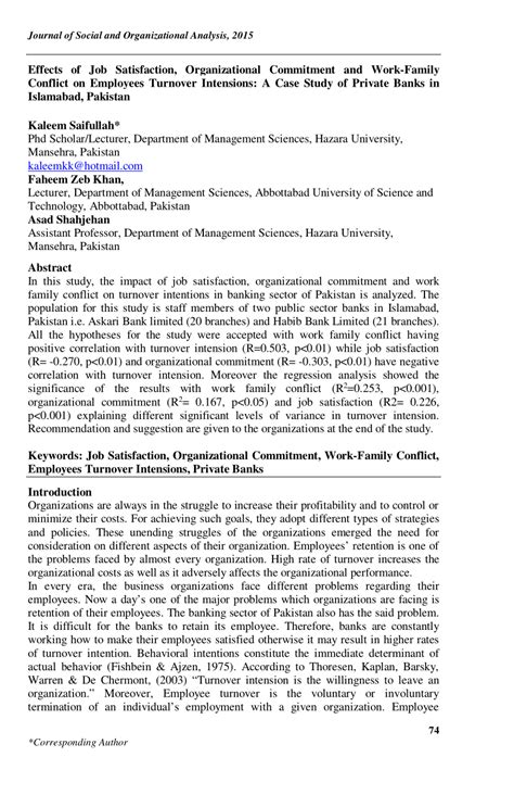Pdf Effects Of Job Satisfaction Organizational Commitment And Work