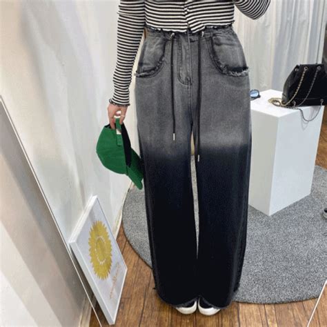 롱다리 체형커버 배색 그라데이션 하이웨스트 힙 와이드 롱 키큰여자 데님 팬츠 스토퍼 끈 사이즈 조절 에이블리