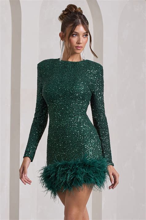 Claudia Bottle Green Sequin High Neck Feather Hem Mini Dress With Lo