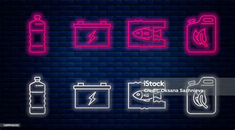 라인 자동차 배터리 바다 플라스틱 오염을 중지 플라스틱 병 및 바이오 연료 캐니스터를 설정합니다 벽돌 벽에 빛나는 네온 아이콘 벡터 형광색의에 대한 스톡 벡터 아트 및 기타