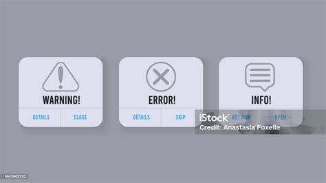 모바일 앱 디자인을 위한 알림 경고 팝업 메시지입니다 경고 오류 및 정보 알림과 텍스트 및 아이콘 벡터 Ui 및 Ux 요소 그래픽 사용자 인터페이스에 대한 스톡 벡터 아트