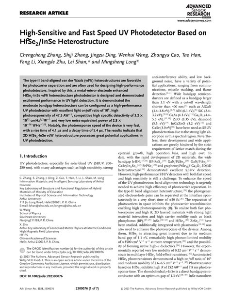 Pdf High‐sensitive And Fast Speed Uv Photodetector Based On Hfse 2 Inse Heterostructure