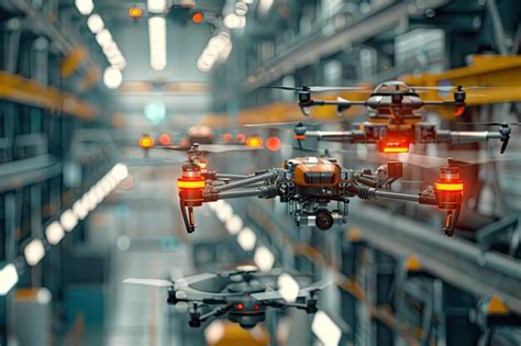 Techsavvy Industrial Factory With Colorful Drones Enhancing Efficiency Premium Ai Generated Image