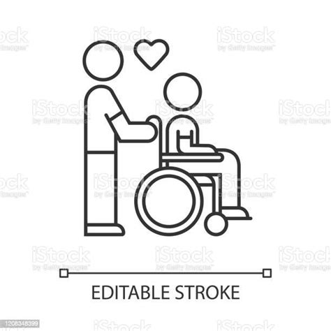 장애인은 선형 아이콘을 돕습니다 장애인에 대한 자원 봉사 책임 남자는 휠체어에 유효하지 않습니다 가는 선 그림입니다 등고선 기호입니다 벡터 절연 윤곽선 도면 편집 가능한