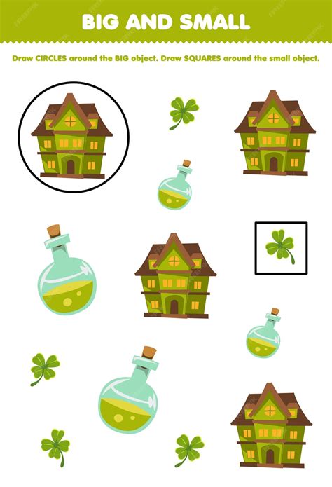 어린이를 위한 교육 게임은 귀여운 만화 으스스한 집 물약 병 클로버잎 할로윈 인쇄용 워크시트의 원과 사각형을 그려 크거나 작은 크기로 배열합니다 프리미엄 벡터