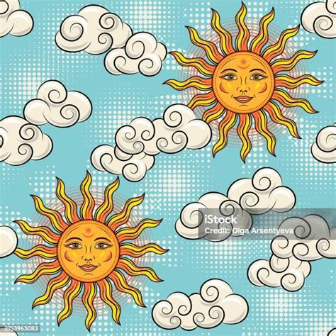 푸른 하늘 배경에 웃는 얼굴 구름 및 하프 톤 모양과 함께 태양과 완벽 한 패턴입니다 그루비 보헤미안 히피 스타일 의류 직물 섬유에 대 한 아이 디자인 0명에 대한 스톡