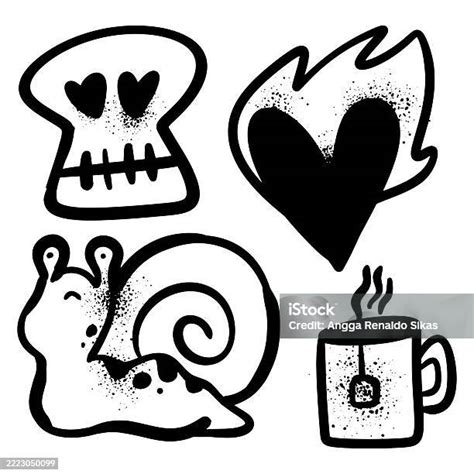 두개골 머리 불타는 심장 달팽이와 차 한잔 흑인과 백인 낙서 에어 브러쉬 스프레이 페인트 아이콘 세트 거친에 대한 스톡 벡터 아트 및 기타 이미지 Istock
