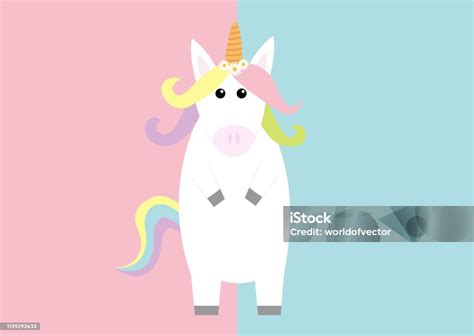 유니콘 스탠 딩 파스텔 컬러 무지개 머리 데이지 카모마일 꽃 귀여운 머리 얼굴입니다 평면 누워 디자인입니다 귀여운 만화 아기 캐릭터입니다 재미 있은 말 해피 발렌타인 데이