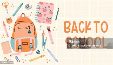 프로모션 배너의 디자인은 학교로 돌아 왔습니다 학용품이 담긴 학교 배낭 교육의 개념 신학기에 대한 스톡 벡터 아트 및 기타