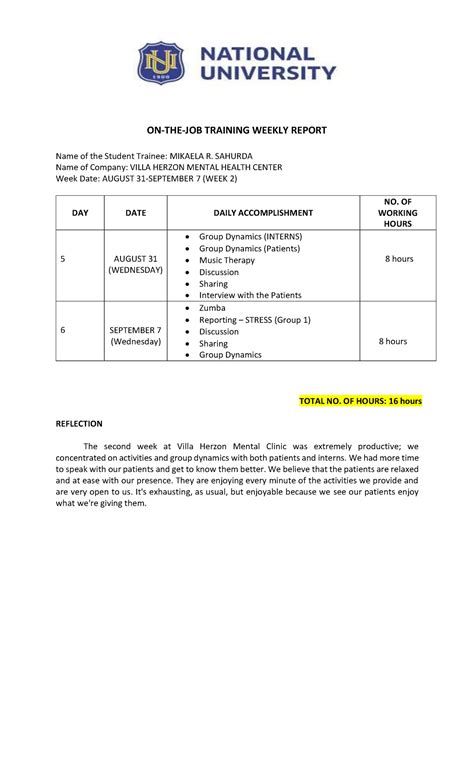 Weekly Report WEEK Practicum Sahurda Mikaela R ON THE JOB TRAINING WEEKLY REPORT Name Of