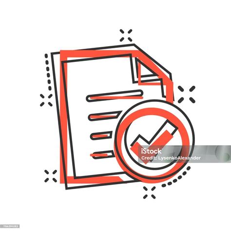 코믹 스타일의 컴플라이언스 문서 아이콘입니다 흰색 고립 된 배경에 승인 된 프로세스 벡터 만화 그림 비즈니스 개념 스플래시