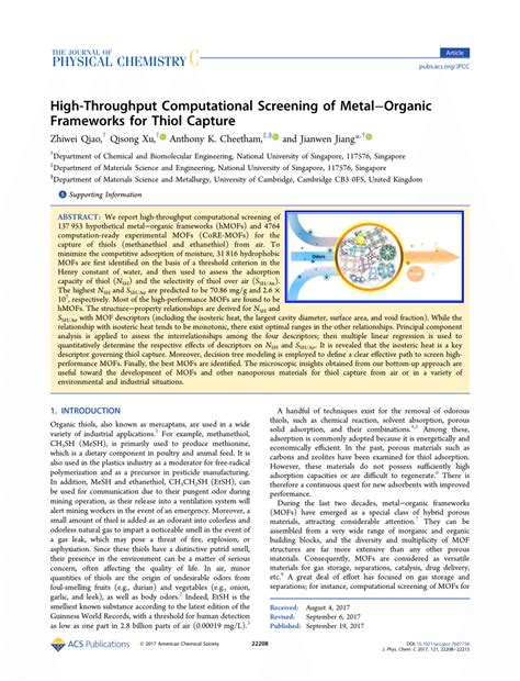 Pdf High Throughput Computational Screening Of Metal Organic Frameworks For Thiol Capture