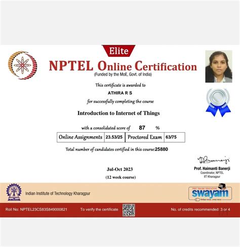 Athira R S On Linkedin Completed 12 Week Course On Iot From Iit Kharagpur With Elite Silver…