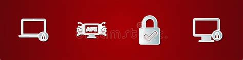 Set Laptop And Lock Computer Api Interface Lock Check Mark And On Monitor Icon Vector Stock