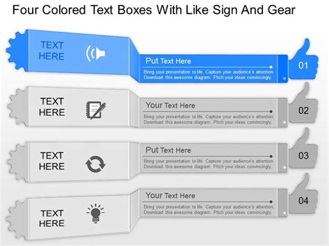 Dp Four Colored Text Boxes With Like Sign And Gear Powerpoint Template Template Presentation