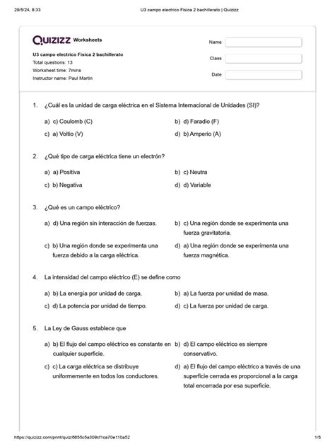 U3 Campo Electrico Fisica 2 Bachillerato Quizizz Descargar Gratis