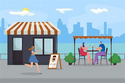 플랫 시티 카페에서 커피 벡터 일러스트 거리 레스토랑 배경 상점 디자인에서 만화 음식 음료에서 사람들 캐릭터 거리에 대한 스톡 벡터 아트 및 기타 이미지 Istock
