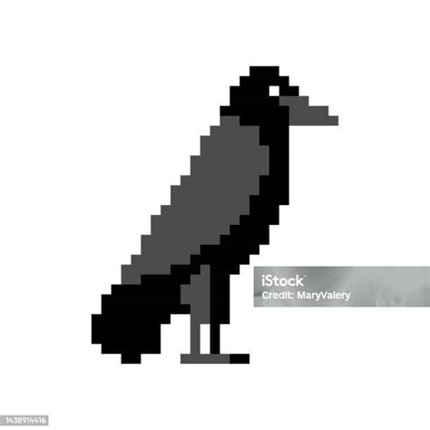 픽셀 아트 블랙 레이븐이 격리되었습니다 픽셀 화 된 검은 까마귀 죽음의 상징 8 비트 픽셀 아트에 대한 스톡 벡터 아트 및 기타
