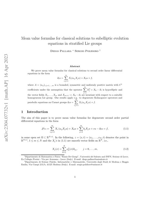 PDF Mean Value Formulas For Classical Solutions To Subelliptic Evolution Equations In