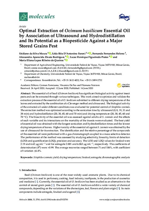 Pdf Optimal Extraction Of Ocimum Basilicum Essential Oil By Association Of Ultrasound And
