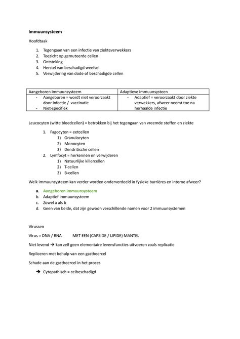 Immuunsysteem Immuunsysteem Hoofdtaak 1 Tegengaan Van Een Infectie Van Ziekteverwekkers 2