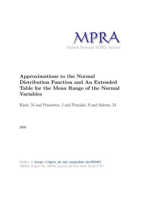 Approximations To The Normal Distribution Function And An Extended Table For The Mean Range Of