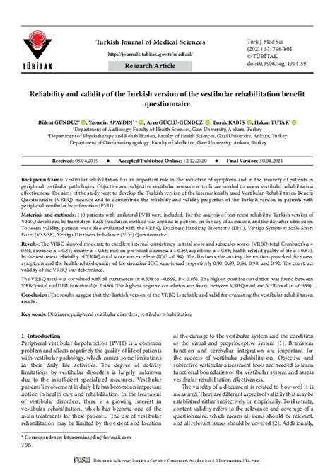Pdf Reliability And Validity Of The Turkish Version Of The Vestibular Rehabilitation Benefit