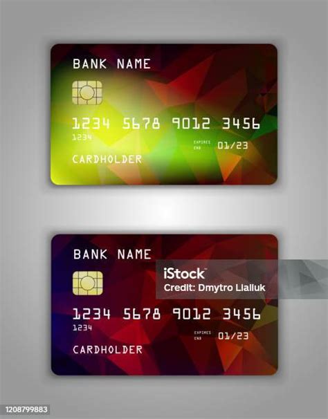 현실적인 플라스틱 은행 카드 벡터 템플릿입니다 배경 색 빨간색 녹색 노란색 삼각형 패턴 경제에 대한 스톡 벡터 아트 및 기타 이미지 Istock