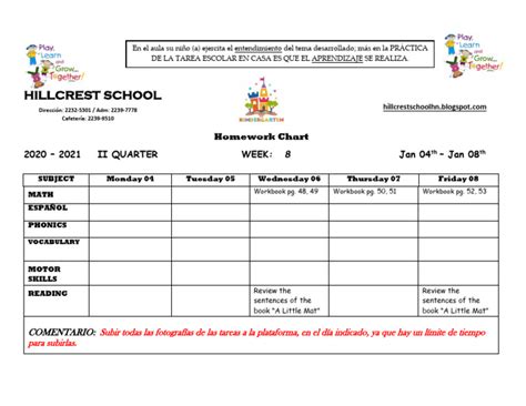 Homework Chart Week 8 Ii Quarter Pdf