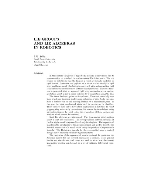 Pdf Lie Groups And Lie Algebras In Robotics