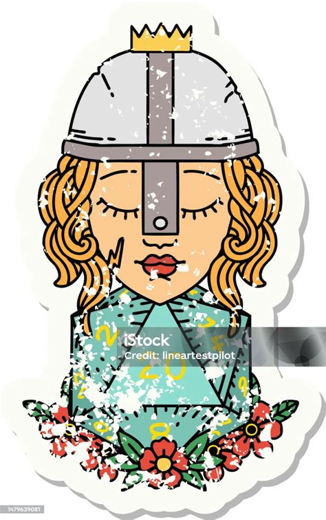 자연 20 D20 주사위 롤을 가진 인간 전투기의 그런지 스티커 굴리기에 대한 스톡 벡터 아트 및 기타 이미지 굴리기 머리 명랑한 Istock