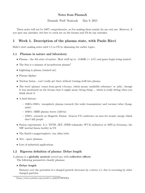 Notes On Plasmax Plasma State And Kinetic Description Pdf Plasma