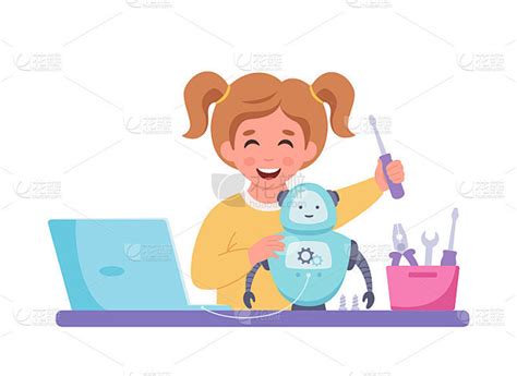 小女孩在做机器人。面向儿童的机器人、编程和工程。矢量图