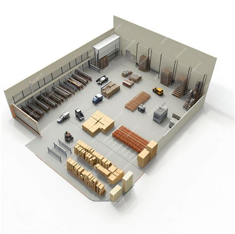 A 3d Warehouse Layout Showing Optimized Space Utilization And Workflow
