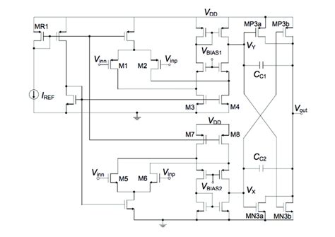 Schematic Of The Rail To Rail Amplifier With Cross Coupled Output Stage Download Scientific