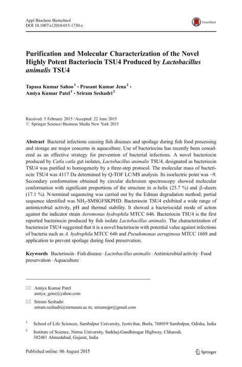 Pdf Purification And Molecular Characterization Of The Novel Highly