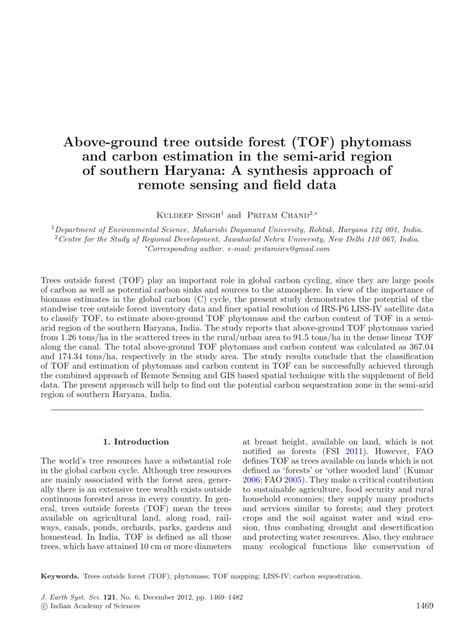 Pdf Above Ground Tree Outside Forest Tof Phytomass And Carbon Estimation In The Semi Arid
