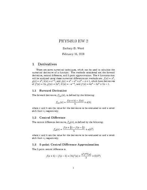 Phys4810 Hw 2 Derivatives Second Derivative From Central Difference