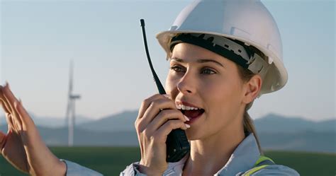 풍력 에너지 여성 및 라디오는 커뮤니케이션 프로젝트 관리 또는 혁신을 위한 분야입니다 검사 지시 또는 재생 가능한 자원 전력을 위한 풍차 농장의 엔지니어 대화 또는 기술자