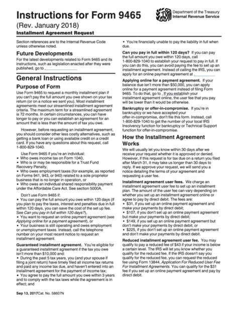 Instructions For Form 9465 Installment Agreement Request Printable Pdf Download