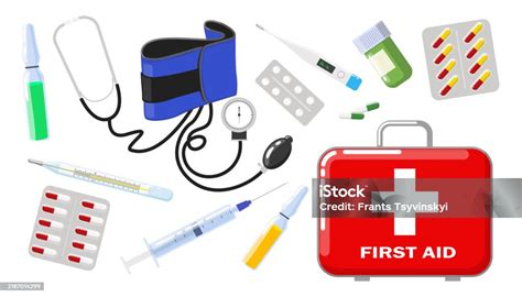 만화 스타일의 응급 처치 요소 세트입니다 앰플 청진기 압력 측정 알약 온도계 주사기 흰색 배경에 고립 된 십자가와 함께 빨간 여행 가방의 벡터 그림 건강 진단에 대한 스톡