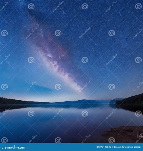 Starry Sky Reflected In Lake Constellations Night With Starry Sky