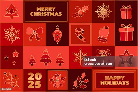 계절 장식 요소가 있는 기하학적 크리스마스 배경입니다 Bauhaus Holiday 우아한 빨간색 배경 황금색 선 배너 카드 강림절 달력 표지 광고용 요소 0명에 대한 스톡