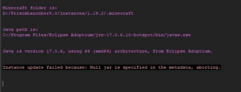 Instance Update Failed Because Null Jar Is Specified In The Metadata Aborting Rprismlauncher