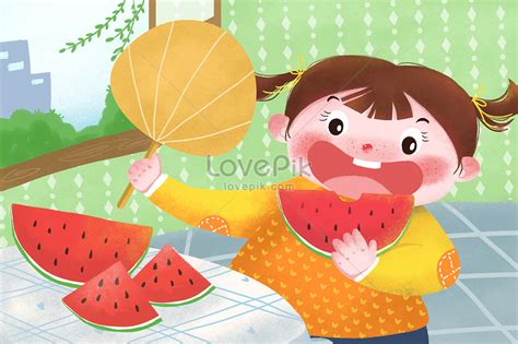 수박 먹는 여름 소녀 일러스트 무료 다운로드 Lovepik