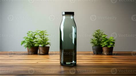 ai generated dark glass water bottle on wooden table ai generated flask mockup 35327410 stock