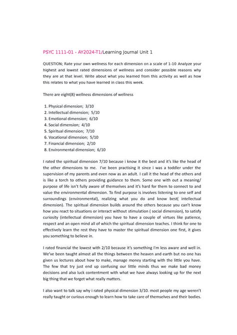 Psyc Learning Journal Unit 1 Psyc 1111 01 Ay2024 T1learning Journal Unit 1 Question Rate